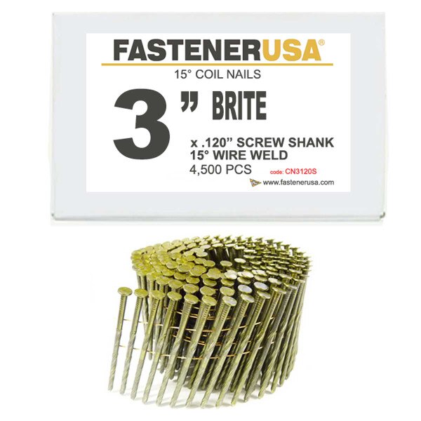 3" x .120 SCREW BRITE COIL NAILS 15-DEG WIRE 4,500ct | CN3120S