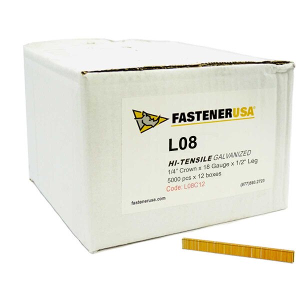 1/2" LEG x 1/4" CROWN 18GA GALVANIZED L08 STAPLES 60M Case | FastenerUSA