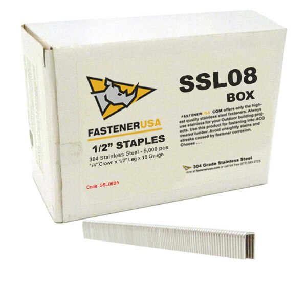 1/2" LEG x 1/4" CROWN 18GA 304 STAINLESS L08 STAPLES 5M Box | FastenerUSA